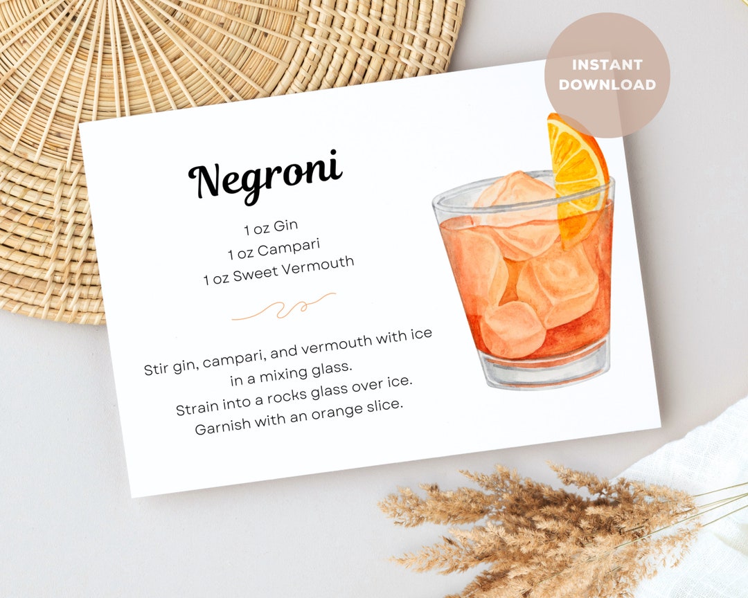 Negroni Cocktail Recipe Card, Digital Download, Cocktail Printable DIY ...