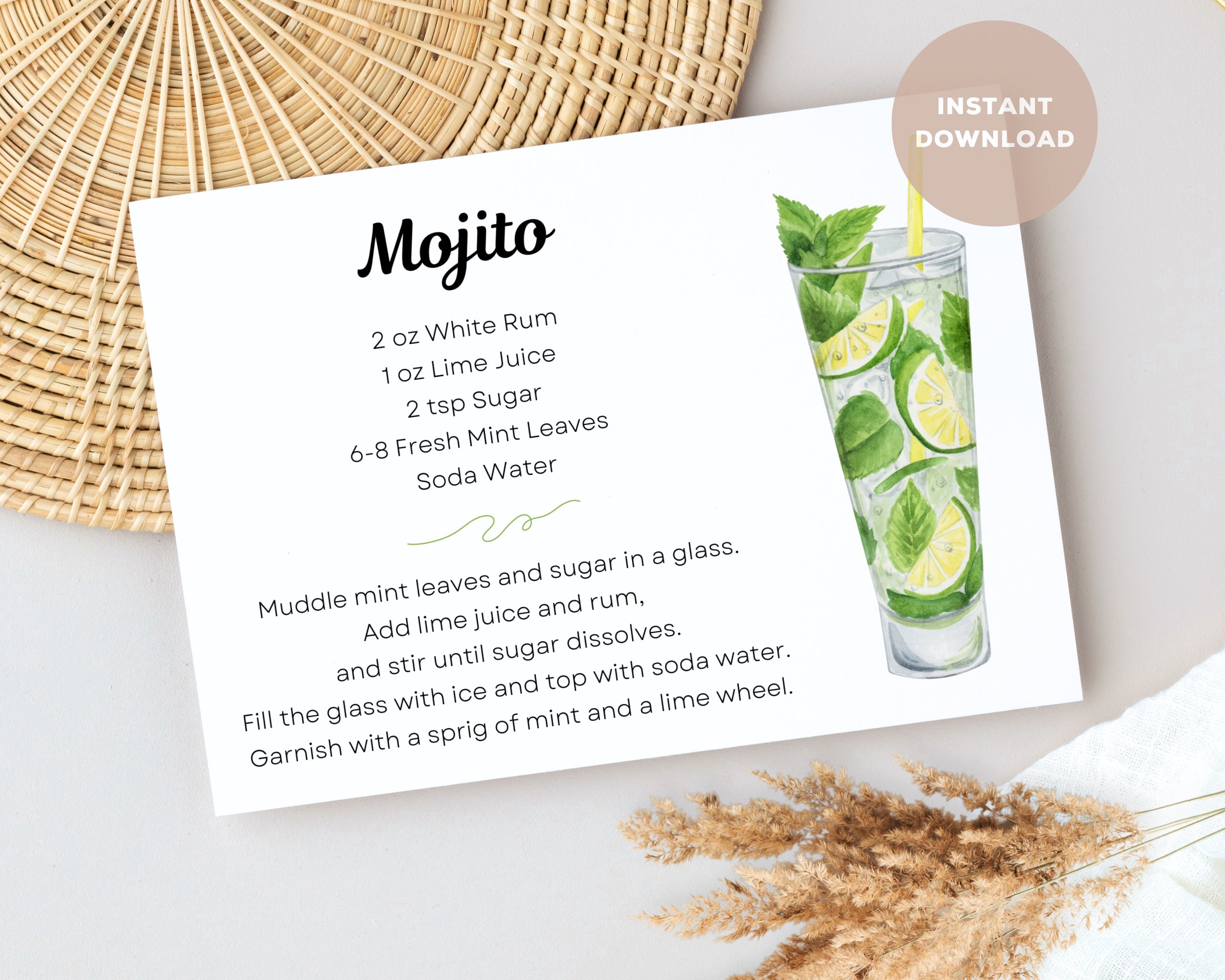 Mojito Cocktail Recipe Card, Digital Download, Printable DIY, Alcohol ...