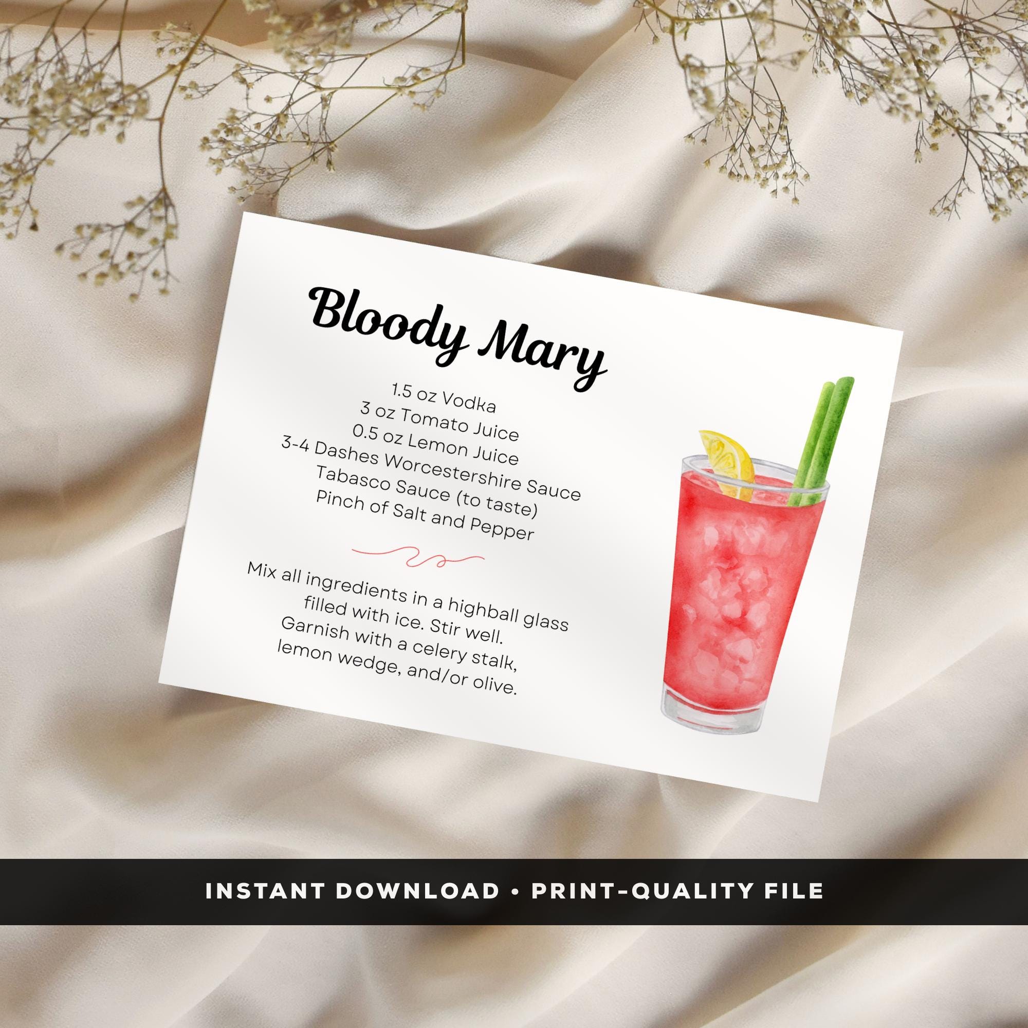 Bloody Mary Cocktail Recipe Card, Digital Download, Printable DIY ...