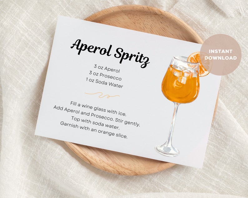 Aperol Spritz Cocktail Recipe Card V2.0, Alcohol Drink Prints for Gift Baskets and Summer ...