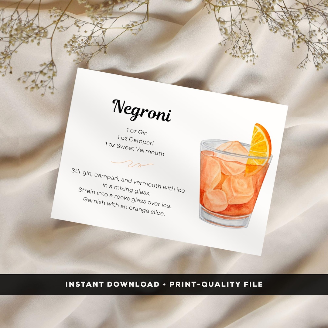 Negroni Cocktail Recipe Card, Digital Download, Cocktail Printable DIY ...