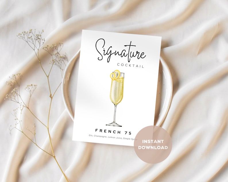 French 75 Signature Cocktail Sign (v2.0), Signature Drink Bar Sign ...