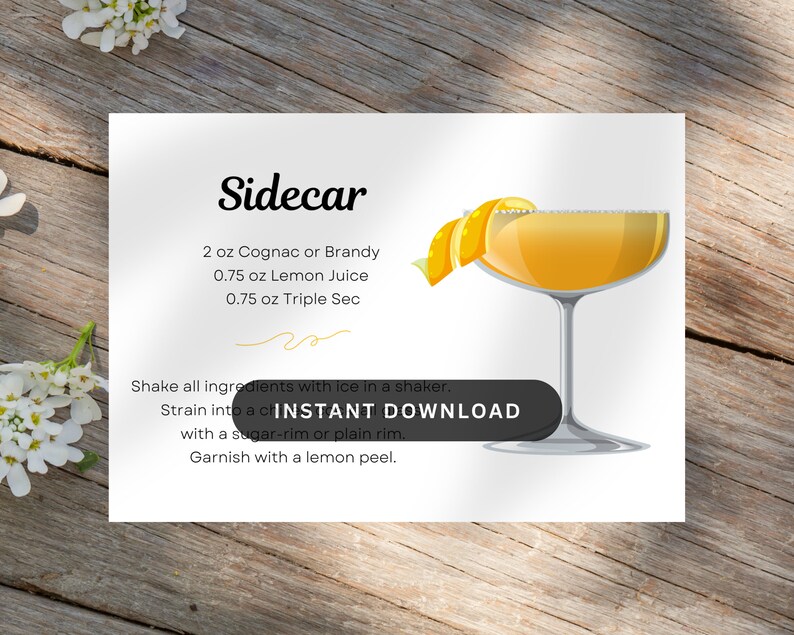 Sidecar Cocktail Recipe Card, Digital Download, Cocktail Printable DIY ...