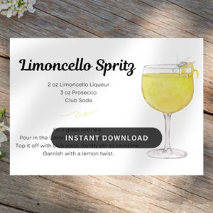 Limoncello Spritz Cocktail Recipe Card, Alcohol Drink Prints for Gift Baskets and Summer Parties ...