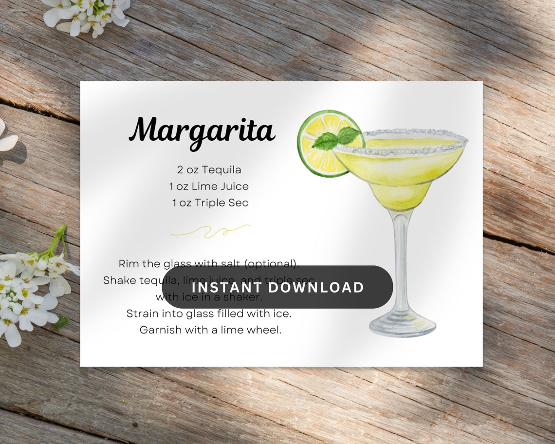Margarita Cocktail Recipe Card - PDF & PNG, Digital Download, Printable ...