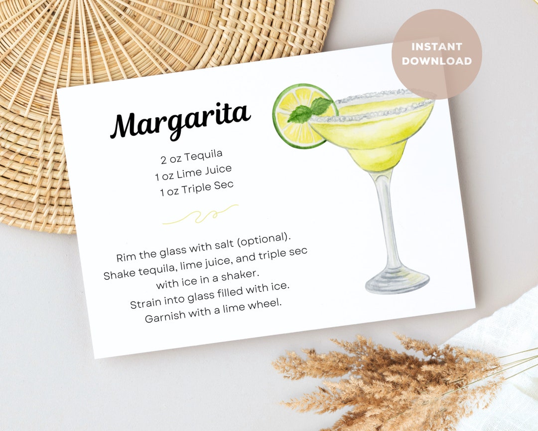 Margarita Cocktail Recipe Card - PDF & PNG, Digital Download, Printable ...