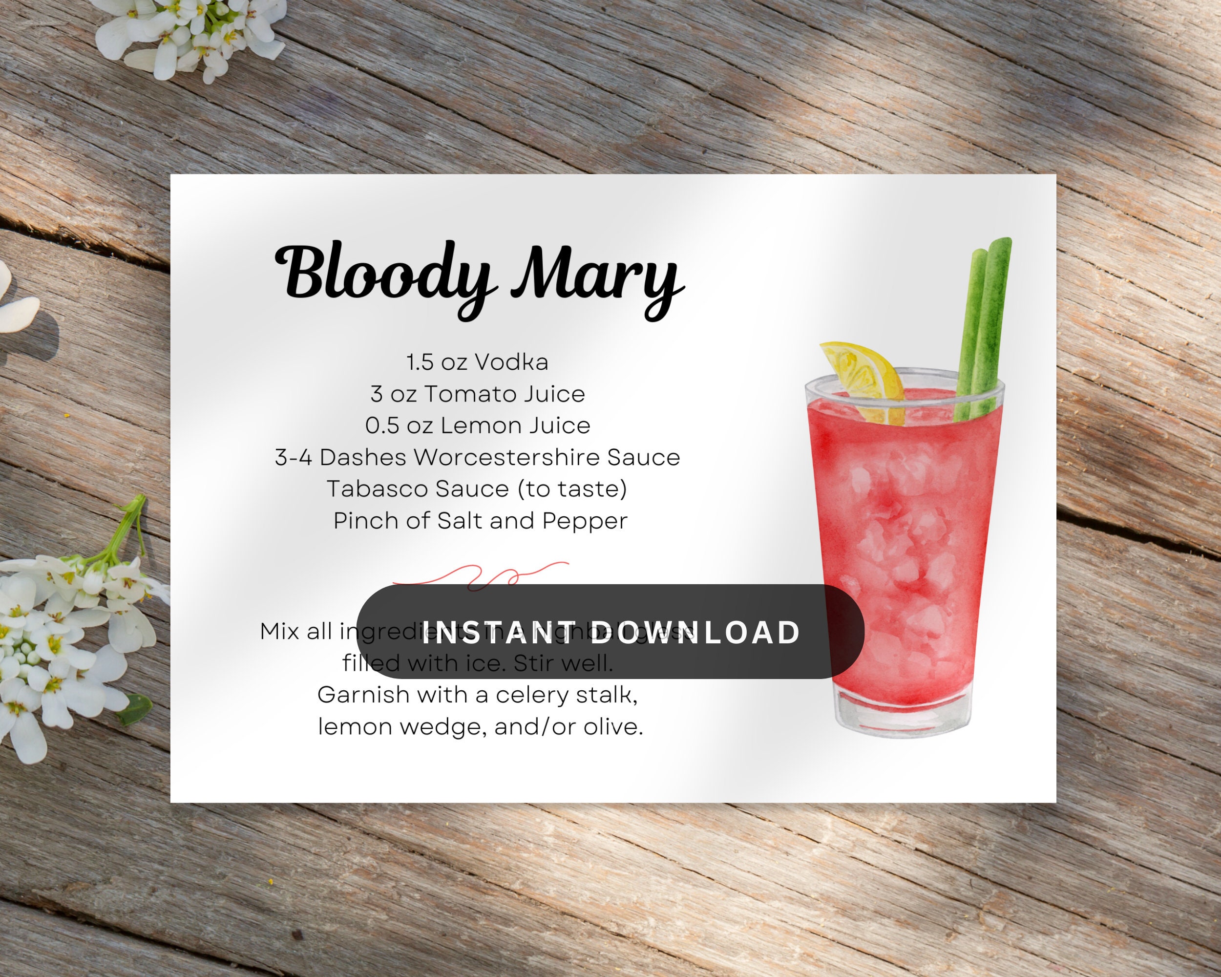 Bloody Mary Cocktail Recipe Card, Digital Download, Printable DIY ...