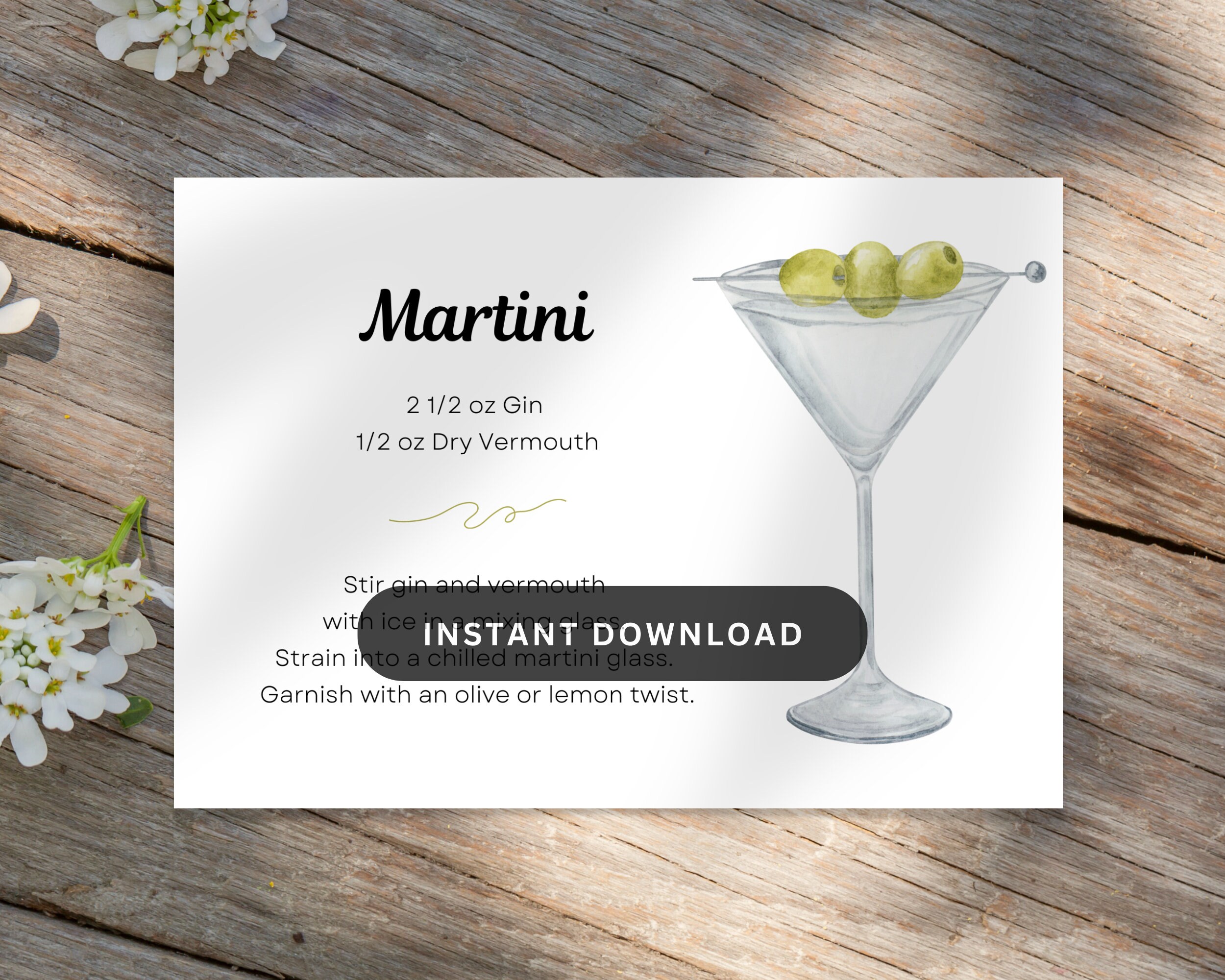 Martini Cocktail Recipe Card, Digital Download, Cocktail Printable DIY ...