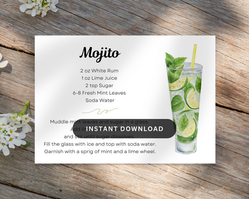 Mojito Cocktail Recipe Card, Digital Download, Printable DIY, Alcohol ...