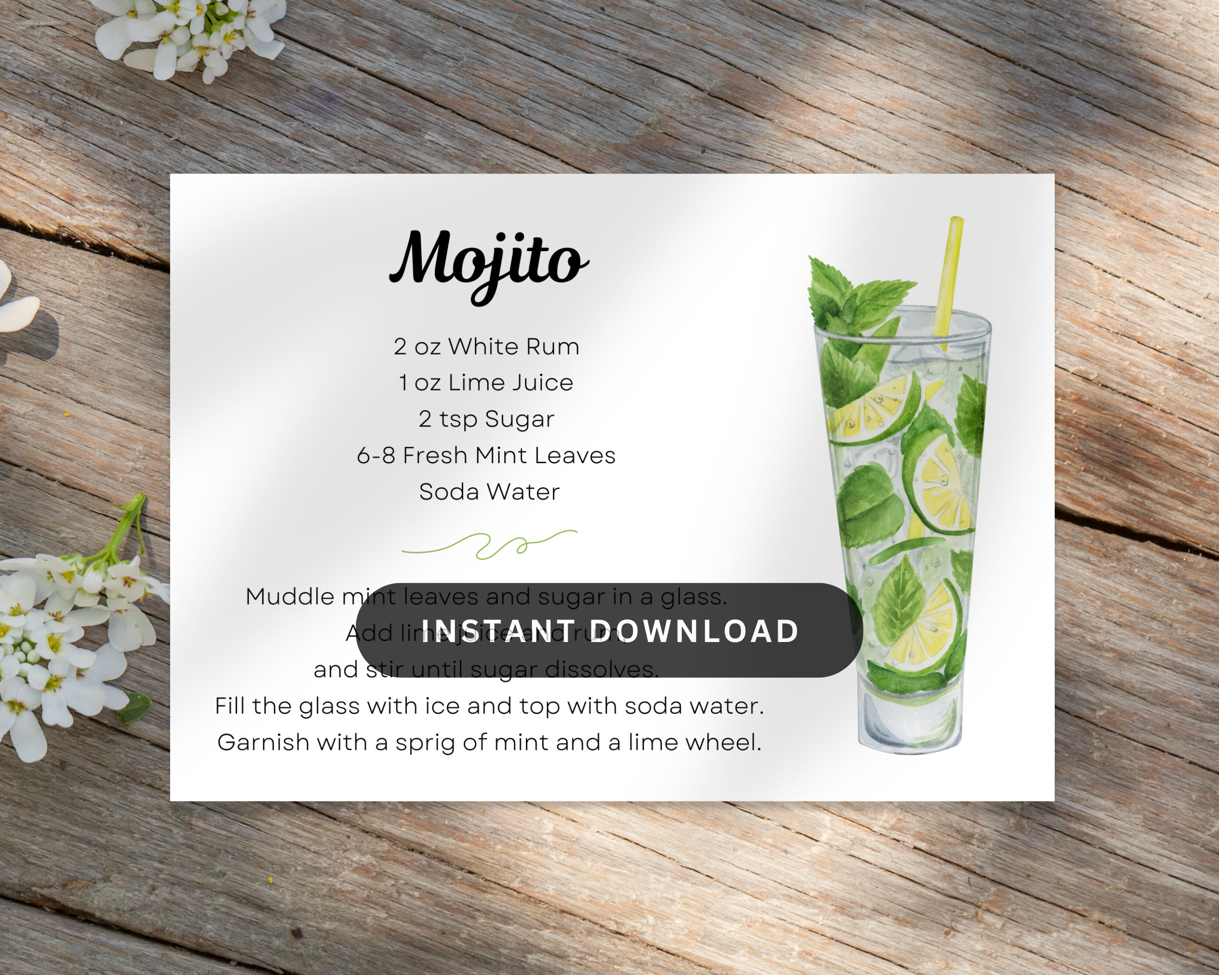 Mojito Cocktail Recipe Card, Digital Download, Printable DIY, Alcohol ...
