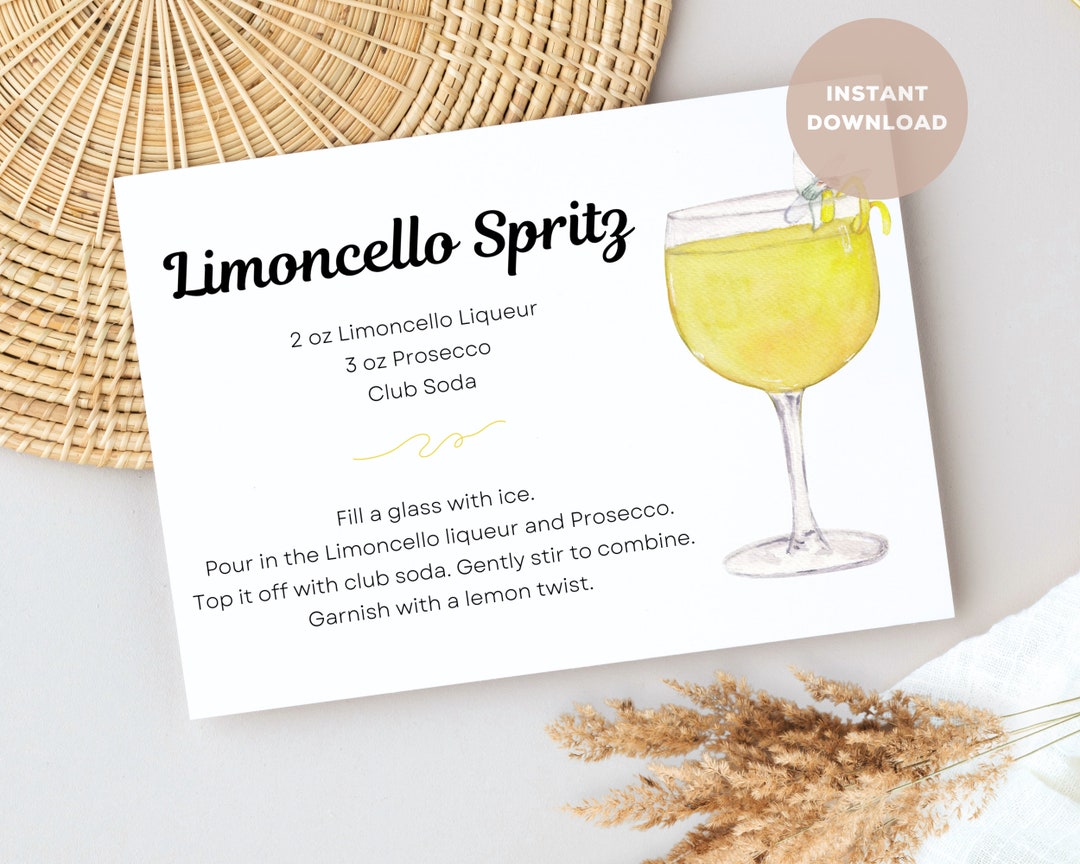 Limoncello Spritz Cocktail Recipe Card, Alcohol Drink Prints for Gift Baskets and Summer Parties ...