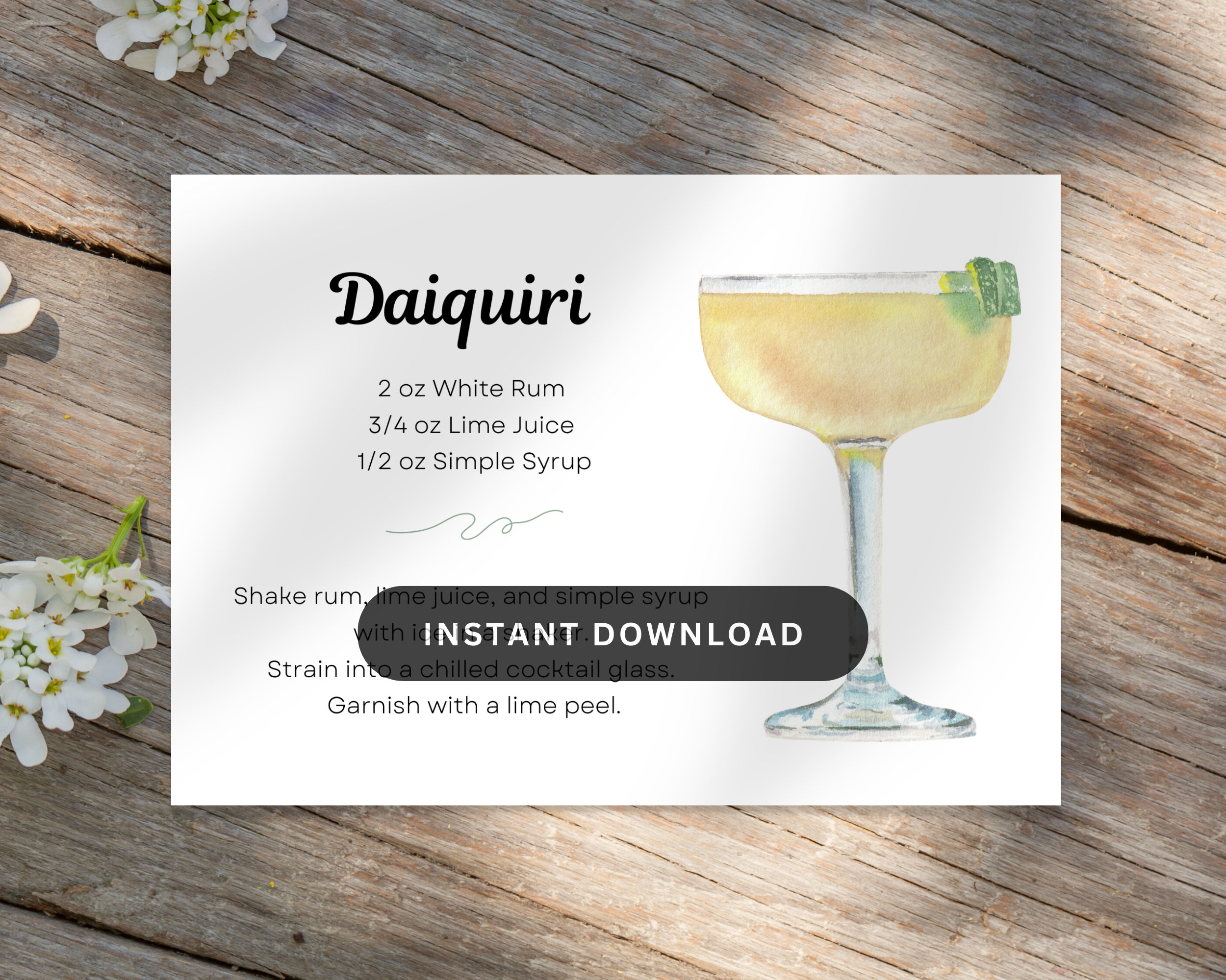 Daiquiri Cocktail Recipe Card, Printable DIY (digital Download), for ...