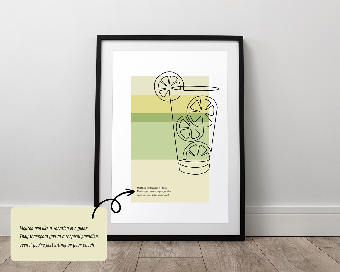 Mojito Cocktail Print, Color Swatch Poster, Line Art Drawing, Bar Cart ...