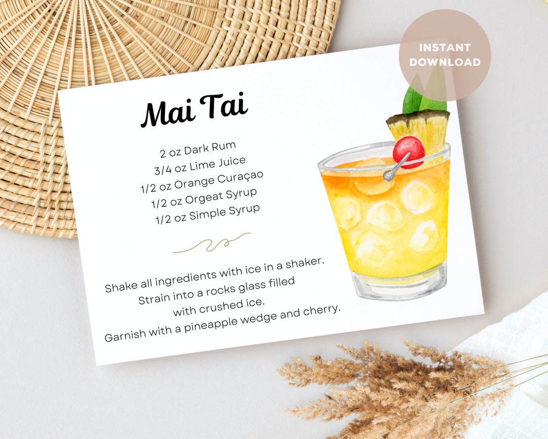 Mai Tai Cocktail Recipe Card - PDF & PNG, Digital Download, Printable ...