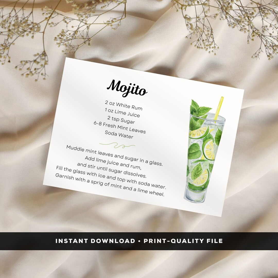 Mojito Cocktail Recipe Card, Digital Download, Printable DIY, Alcohol ...