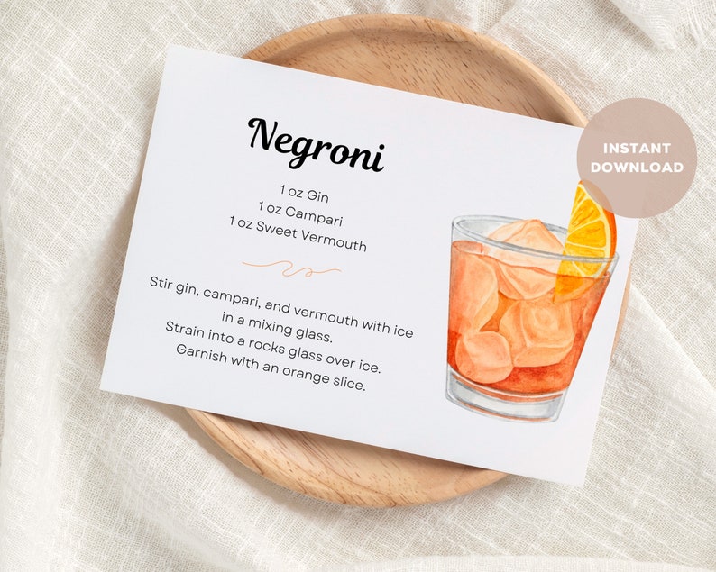 Negroni Cocktail Recipe Card, Digital Download, Cocktail Printable DIY ...