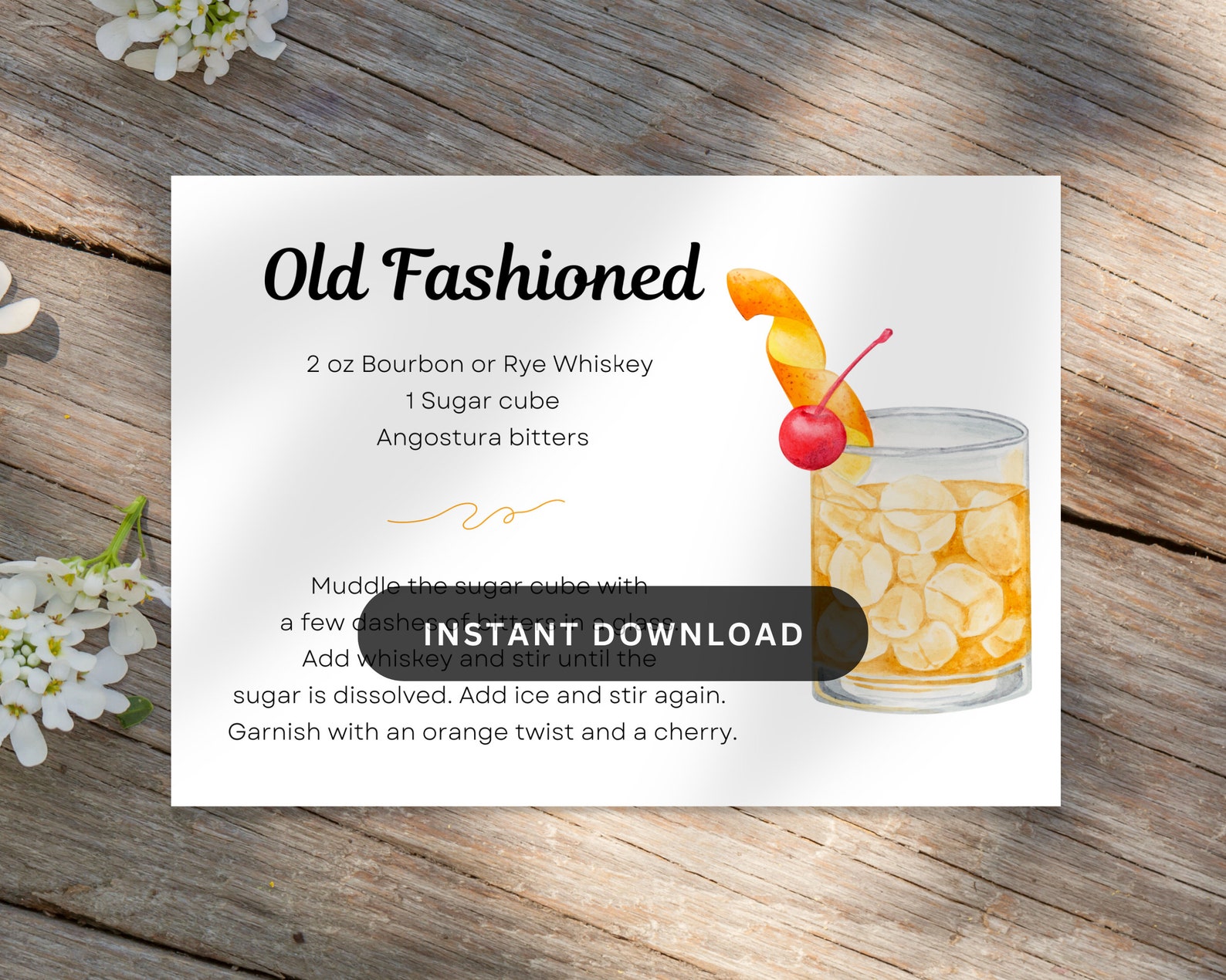 Old Fashioned Cocktail Recipe Card, Digital Download, Cocktail ...
