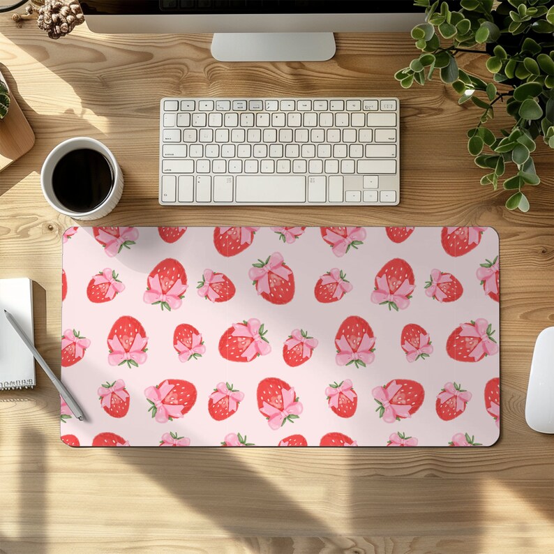 Strawberry Gaming Mouse Pad Pink Desk Mat Coquette Bows Desk Setup ...