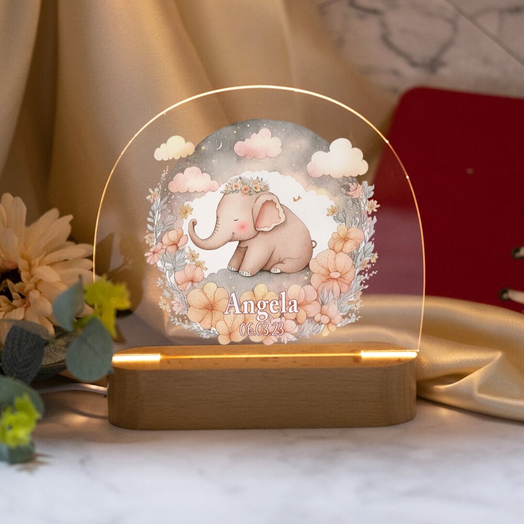Personalized Baby Elephant Night Light: Acrylic LED Lamp, Wood Base - Etsy