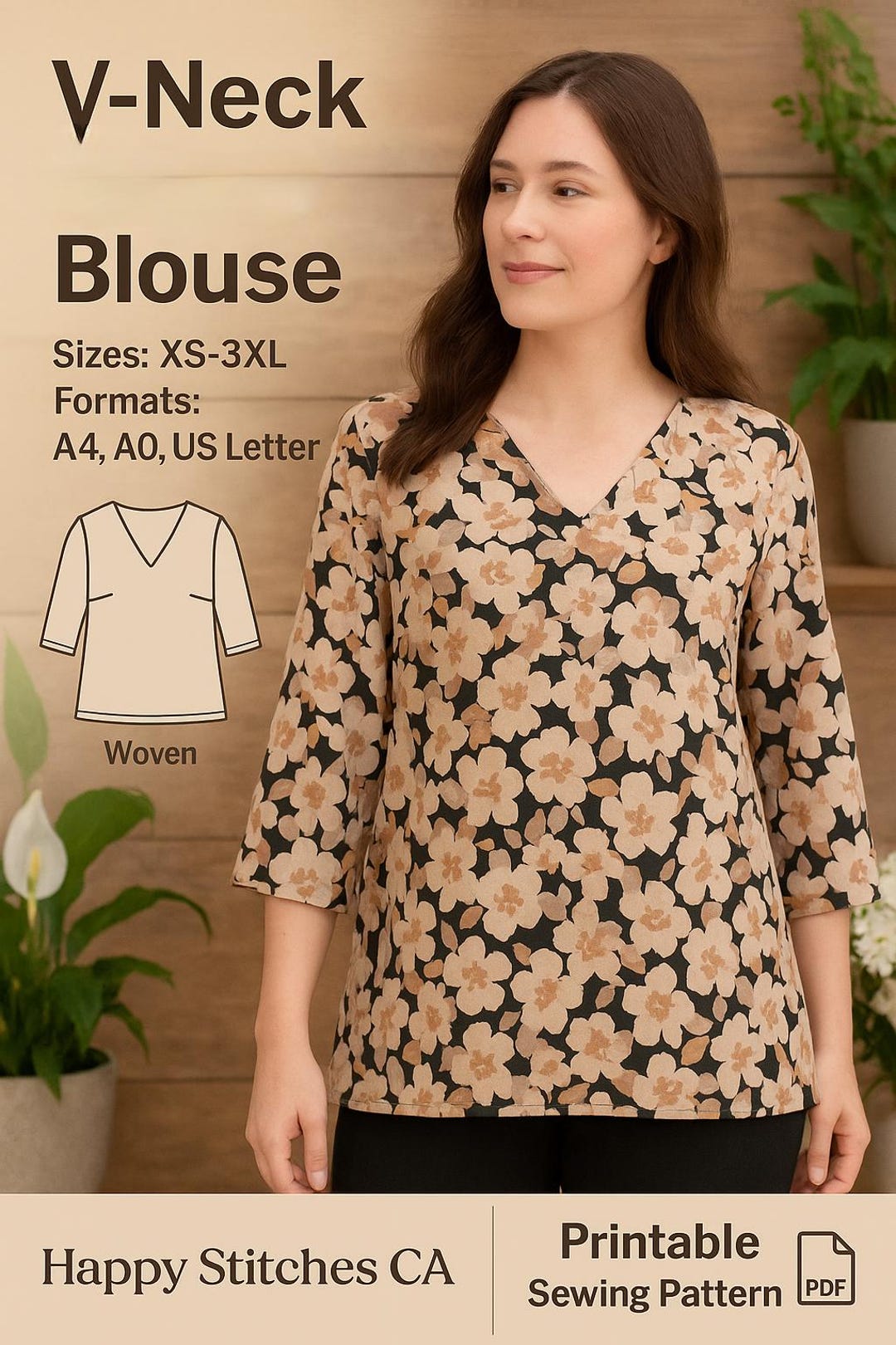 PDF Sewing Pattern Top, Top Sewing Pattern, 3/4 Length Sleeve Blouse ...
