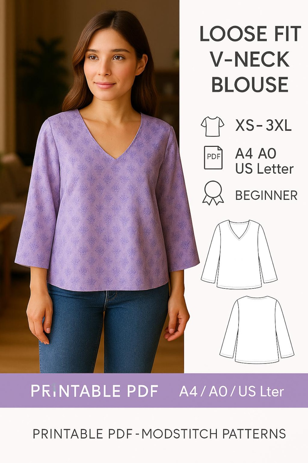 Long Sleeve PDF Sewing Pattern Top, Sewing Pattern Blouse, V Neck Top ...