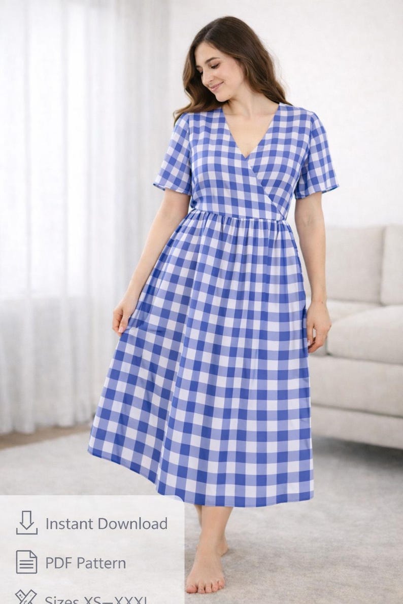 PDF Sewing Pattern Dress, Surplice Neck Gathered Dress Digital Pattern ...