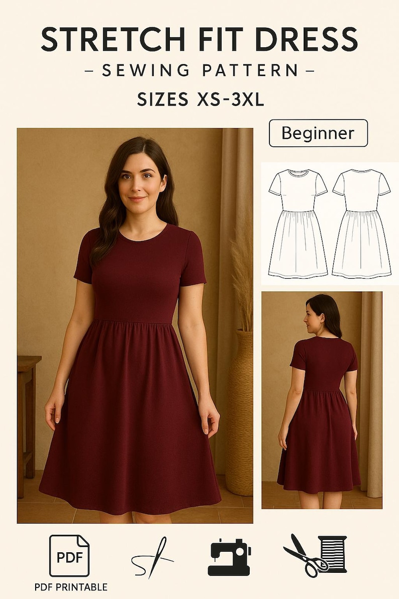 PDF Dress Pattern, Digital Sewing Pattern Knit Fabric. Gathered Dress ...