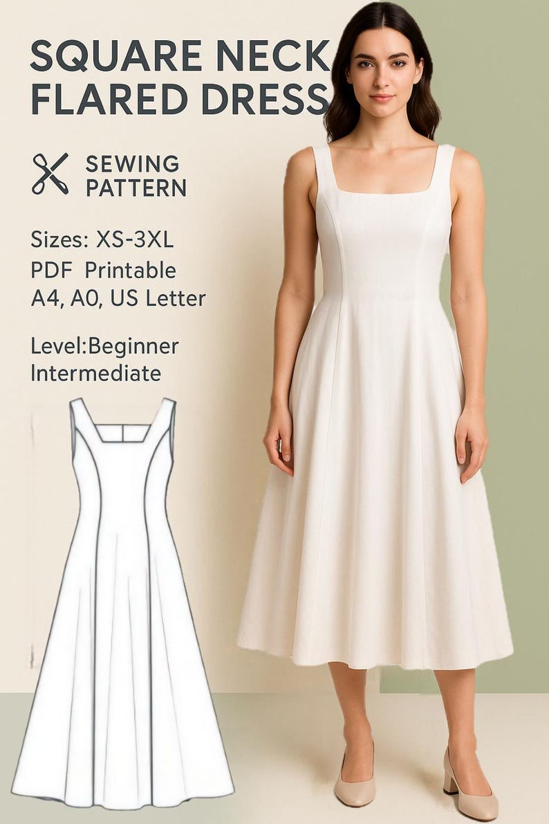 PDF Flared Dress Sewing Pattern/ Square Neck Sleeveless Dress Pattern ...