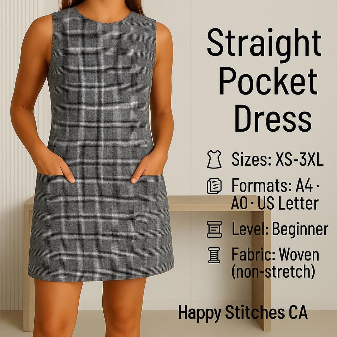 PDF Sewing Pattern Dress, Pocket Straight Dress Digital Sewing Pattern ...