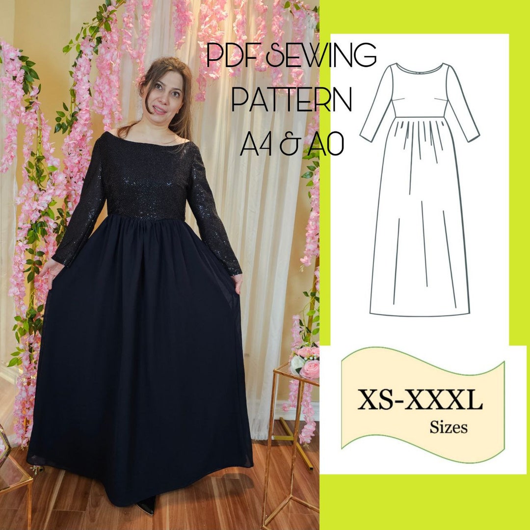 PDF Sewing Dress Pattern, Gathered Boat Neck Full Length Dress Pattern ...