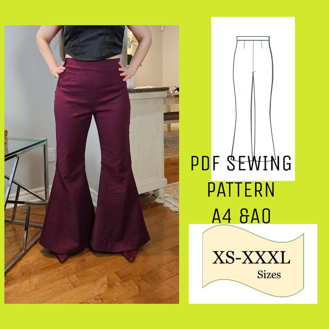 Flare Leg Pants PDF Sewing Pattern, Flared Trousers Patterne, Wide ...