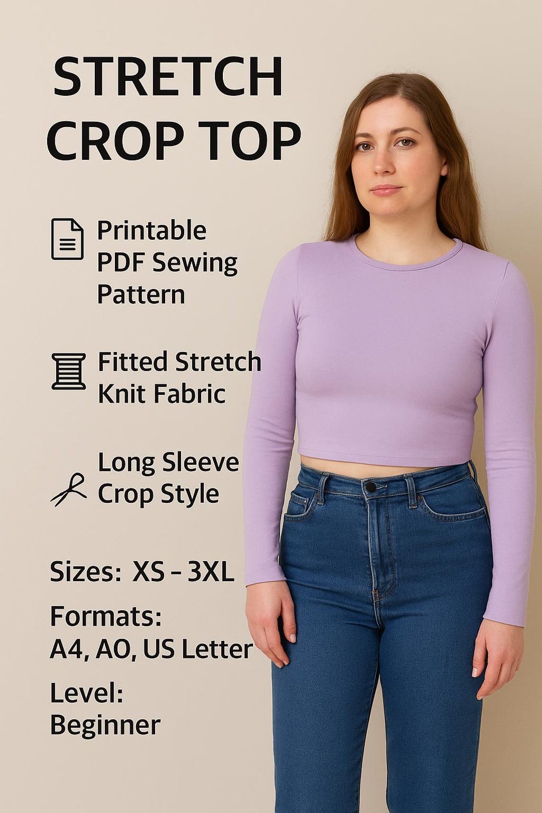 PDF Sewing Pattern Long Sleeve Cropped Top, Cropped Top Digital Sewing ...
