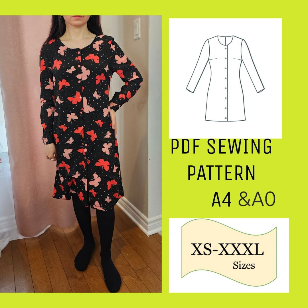 PDF Sewing Pattern A Line Dress, Button Front Dress Digital Pattern ...