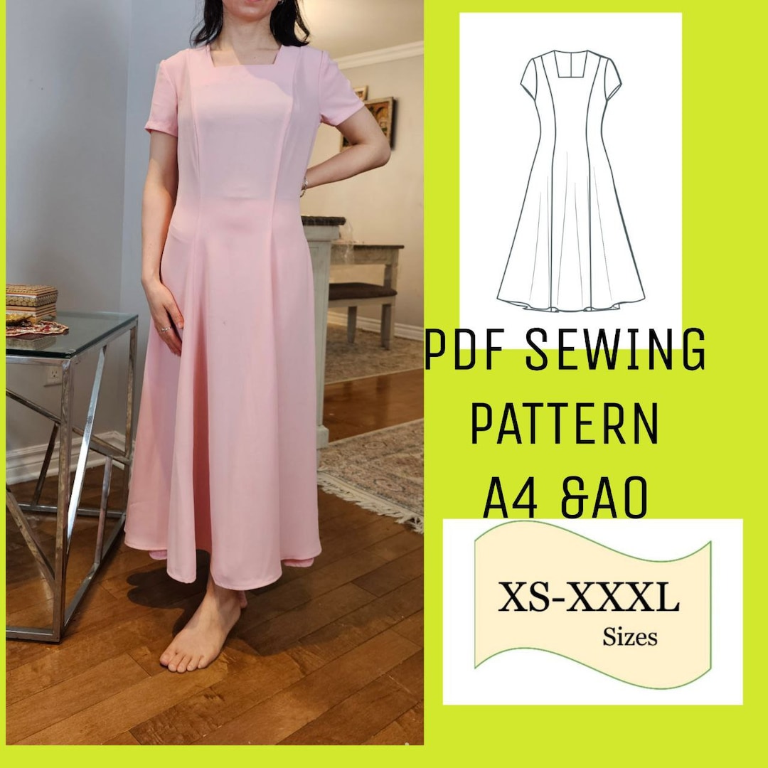 PDF Flared Dress Sewing Pattern, Midi Dress Short Sleeve Dress ...