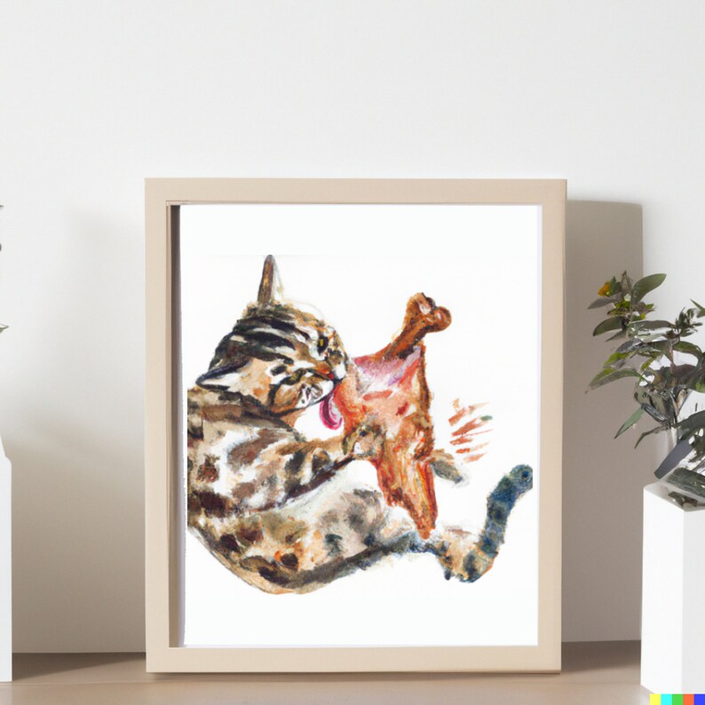 Digital Watercolor Print of Cat Eating Chicken - Wall Art for Kitchen ...