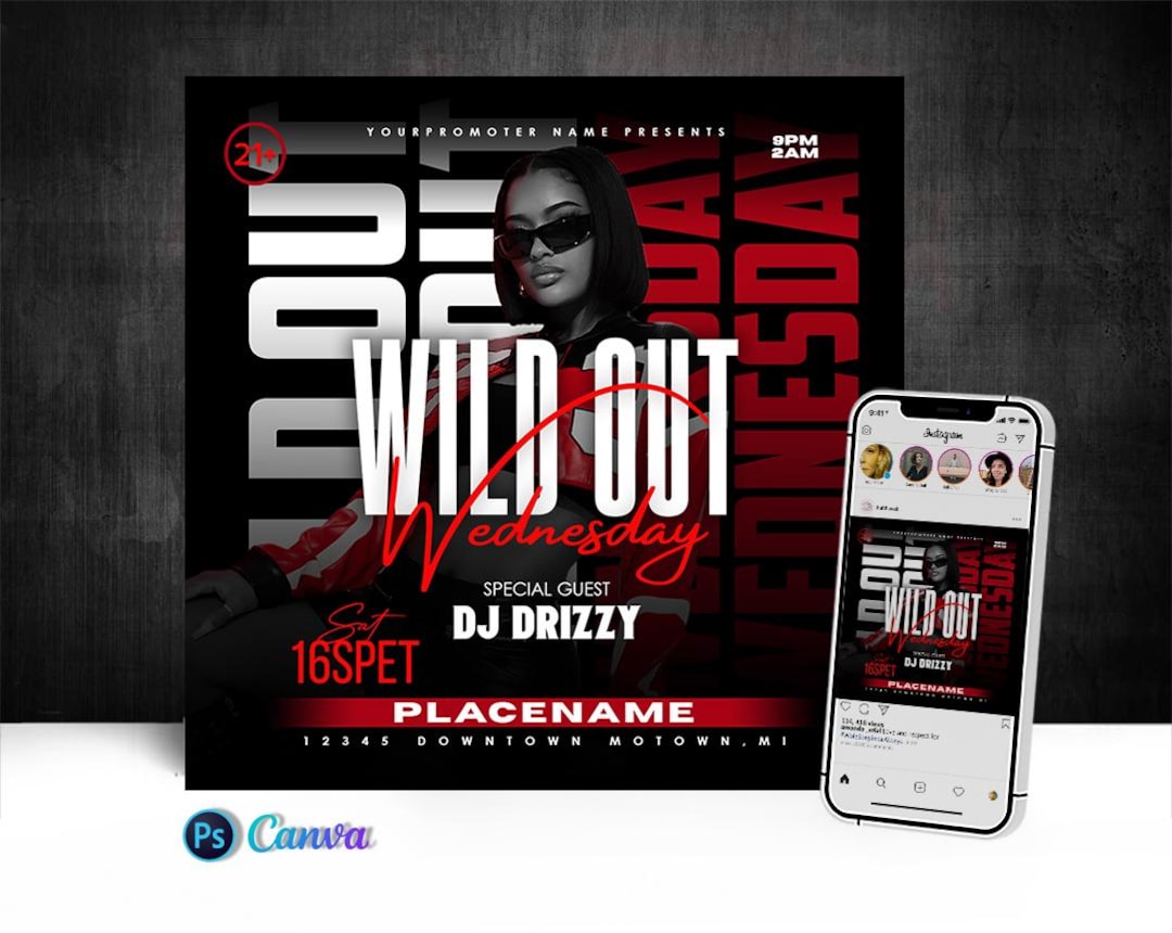 Wild Out Wednesday Party Flyer, Editable on Cava and Photoshop - Etsy