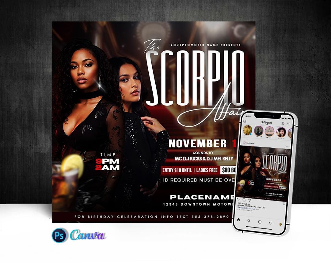 Scorpio Affair Party Flyer, Editable on Cava and Photoshop - Etsy