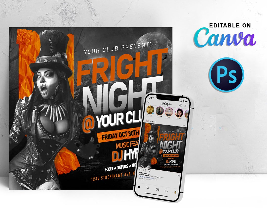 Fright Night Party Party Flyer, Edit on Cava and Photoshop - Etsy