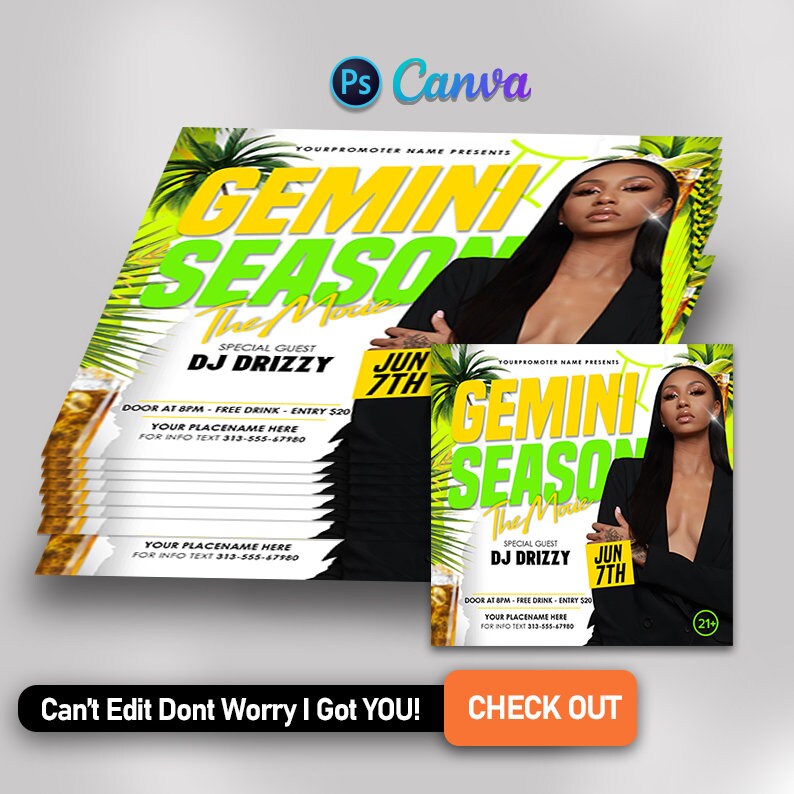 Gemini Season Party Flyer, Edit on Cava and Photoshop - Etsy
