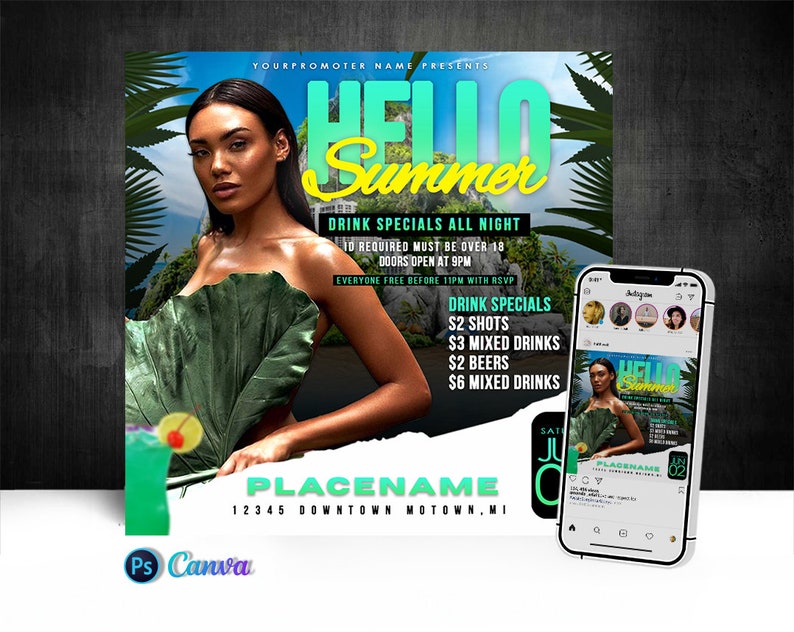 Hello Summer Party Flyer, Editable on Cava and Photoshop - Etsy