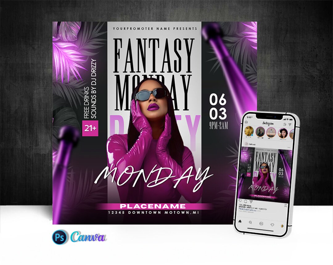 Fantasy Monday Party Flyer, Edit on Cava and Photoshop - Etsy
