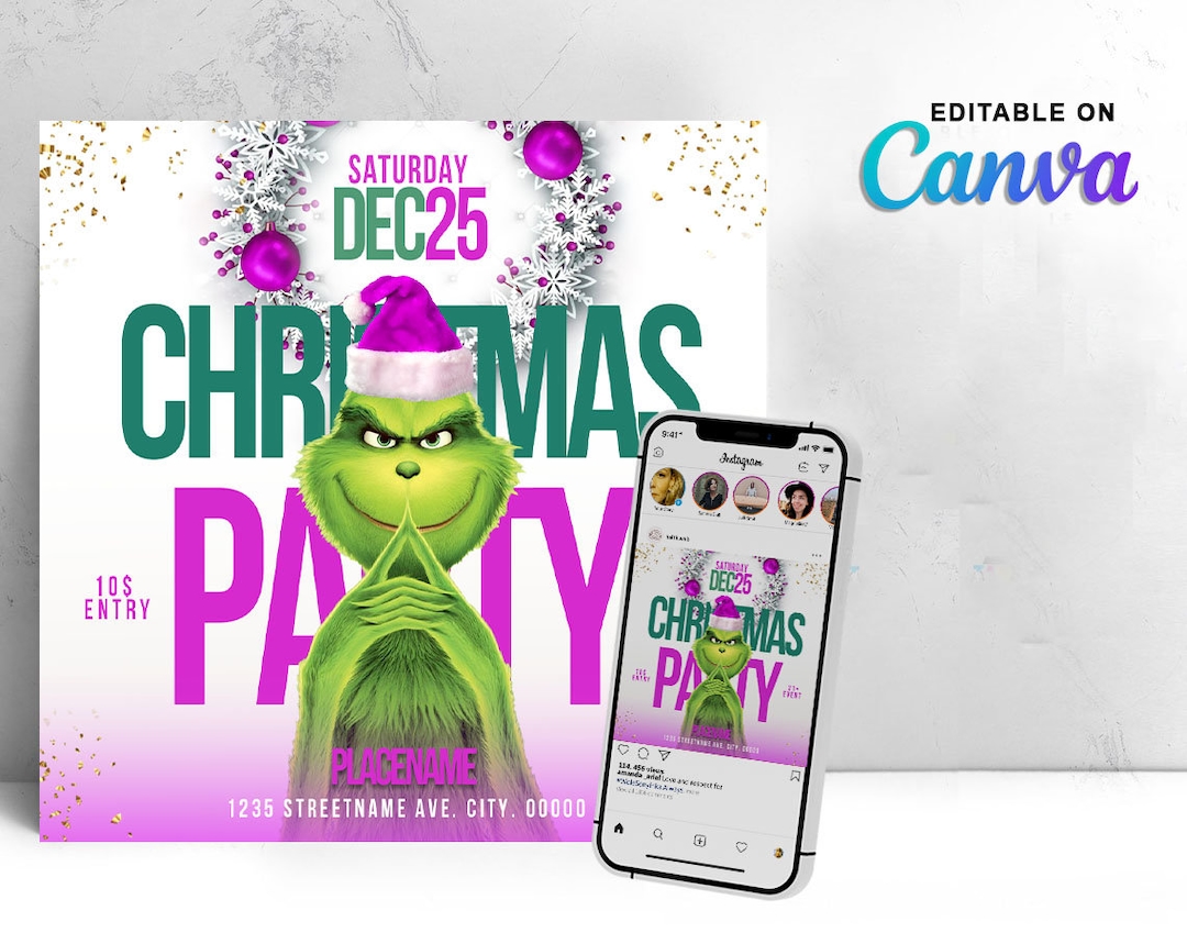 GRINCH CHRISTMAS Party Flyer, Edit on Cava - Etsy