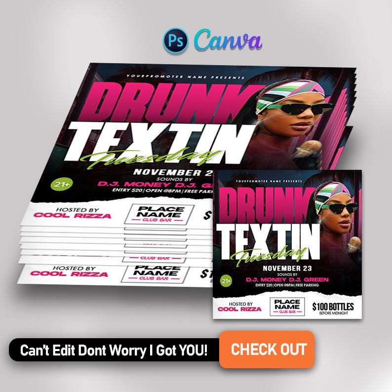 Drunk Texting Tuesday Party Flyer, Editable on Cava and Photoshop - Etsy