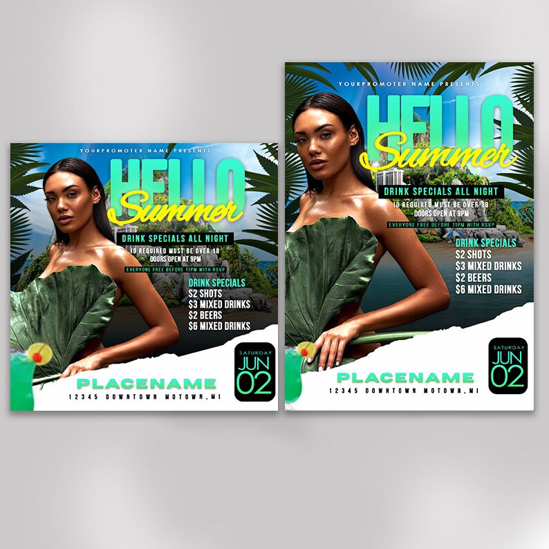 Hello Summer Party Flyer, Editable on Cava and Photoshop - Etsy