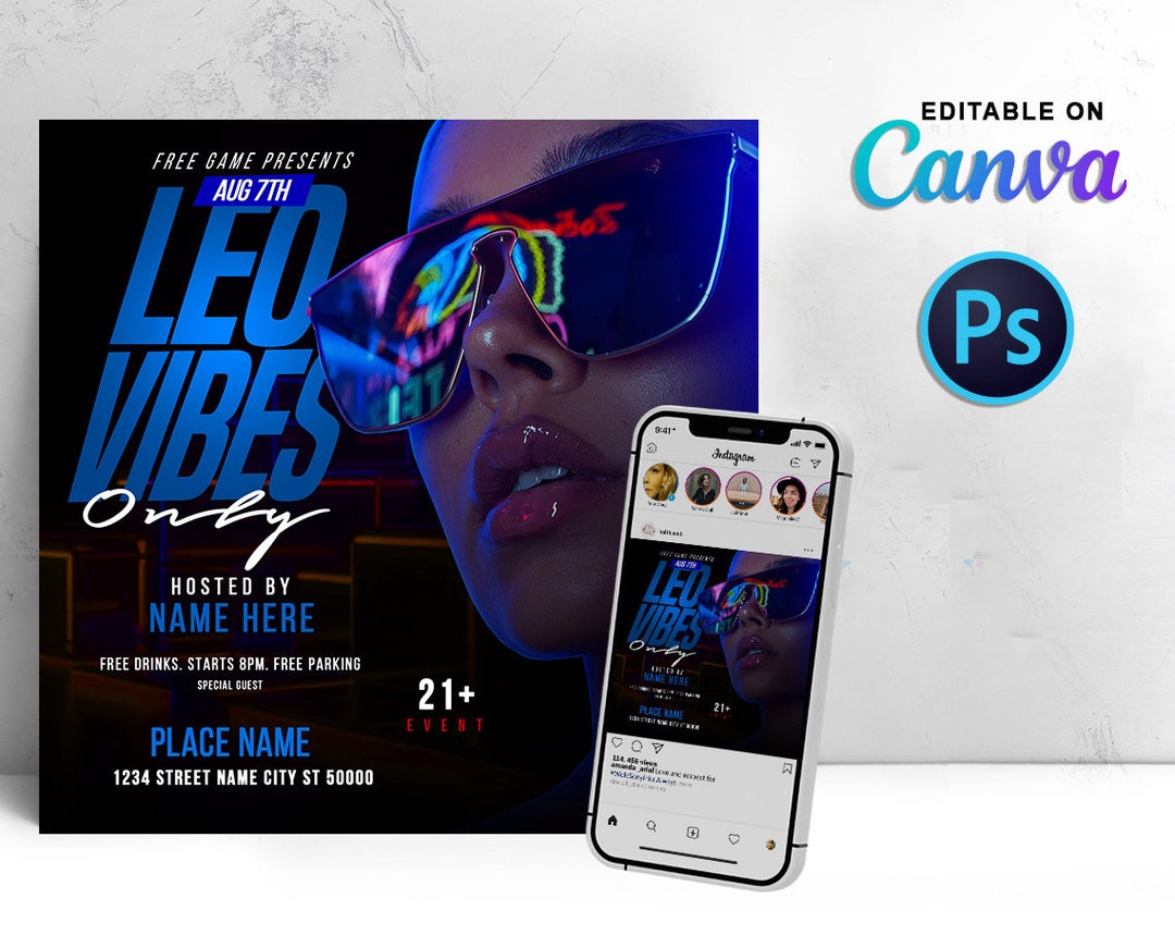 Leo Vibes Party Flyer, Edit on Cava and Photoshop - Etsy