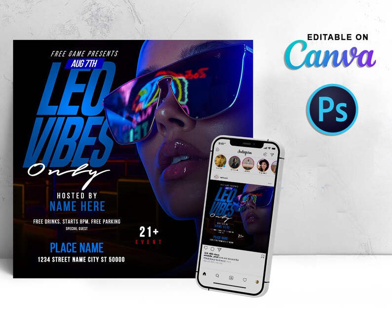 Leo Vibes Party Flyer, Edit on Cava and Photoshop - Etsy