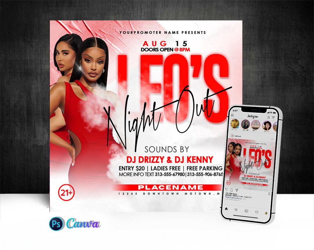 Leo's Night Out Party Flyer, Edit on Cava and Photoshop - Etsy