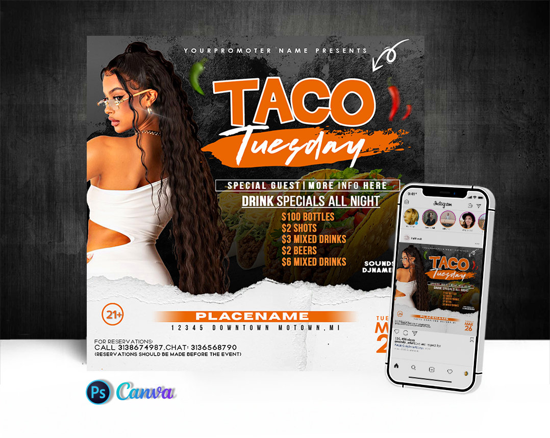 Taco Tuesday Party Flyer, Edit on Cava and Photoshop - Etsy