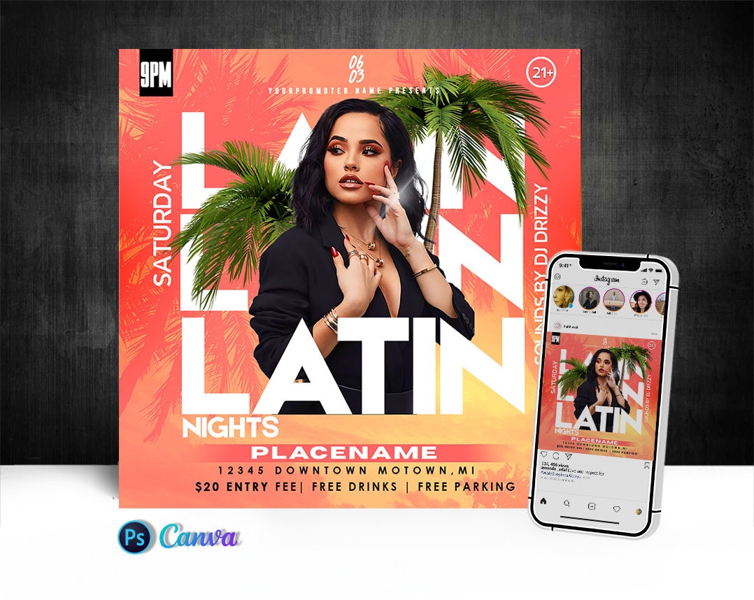 Latin Night Party Flyer, Edit on Cava and Photoshop - Etsy