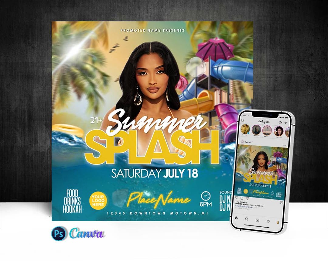 2 Summer Splash Party Flyers, Edit on Cava and Photoshop - Etsy
